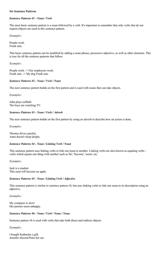 Six Sentence Patterns Defined PDF Six Sentence Patterns Defined PDF