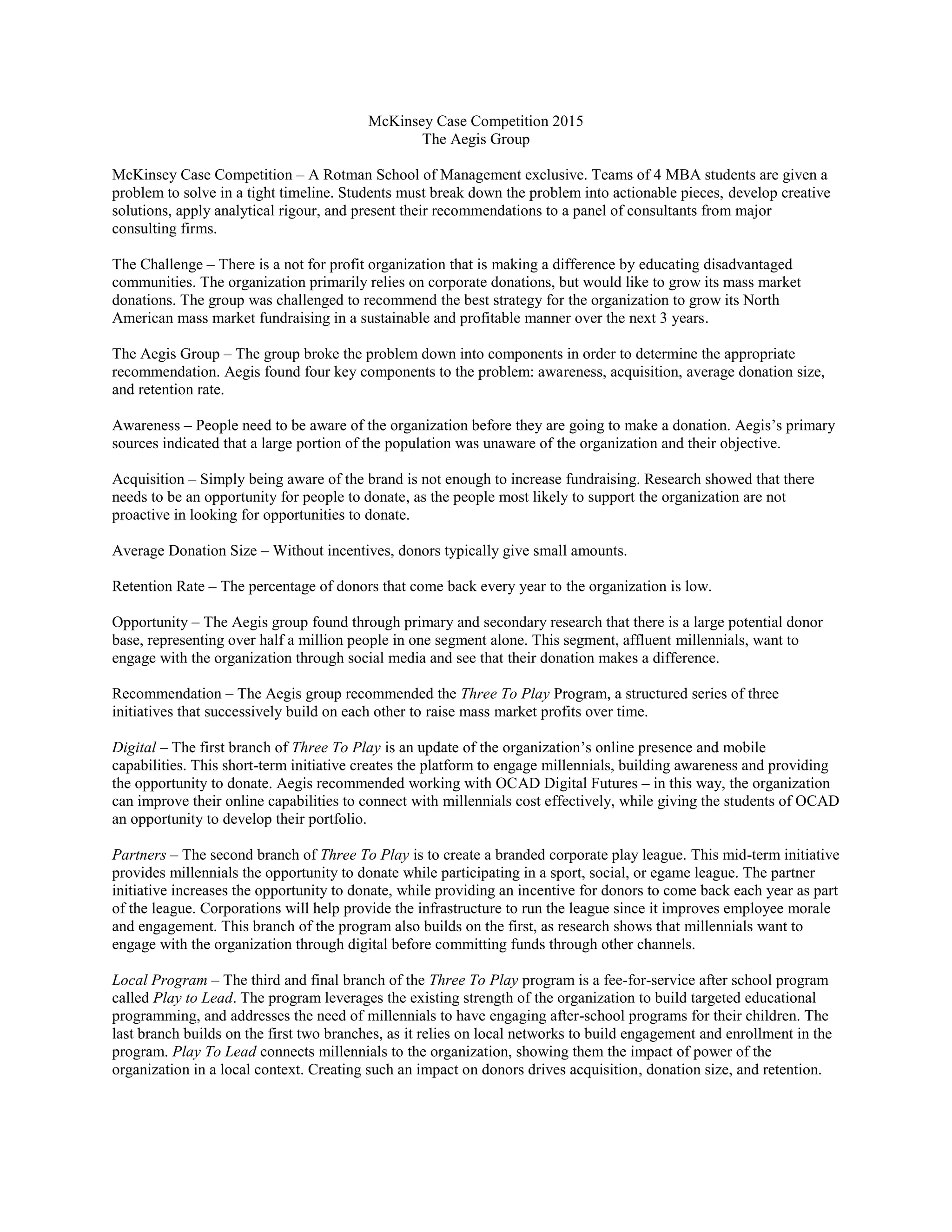 McKinsey Case Competition 2015 - One Pager - Redacted | PDF