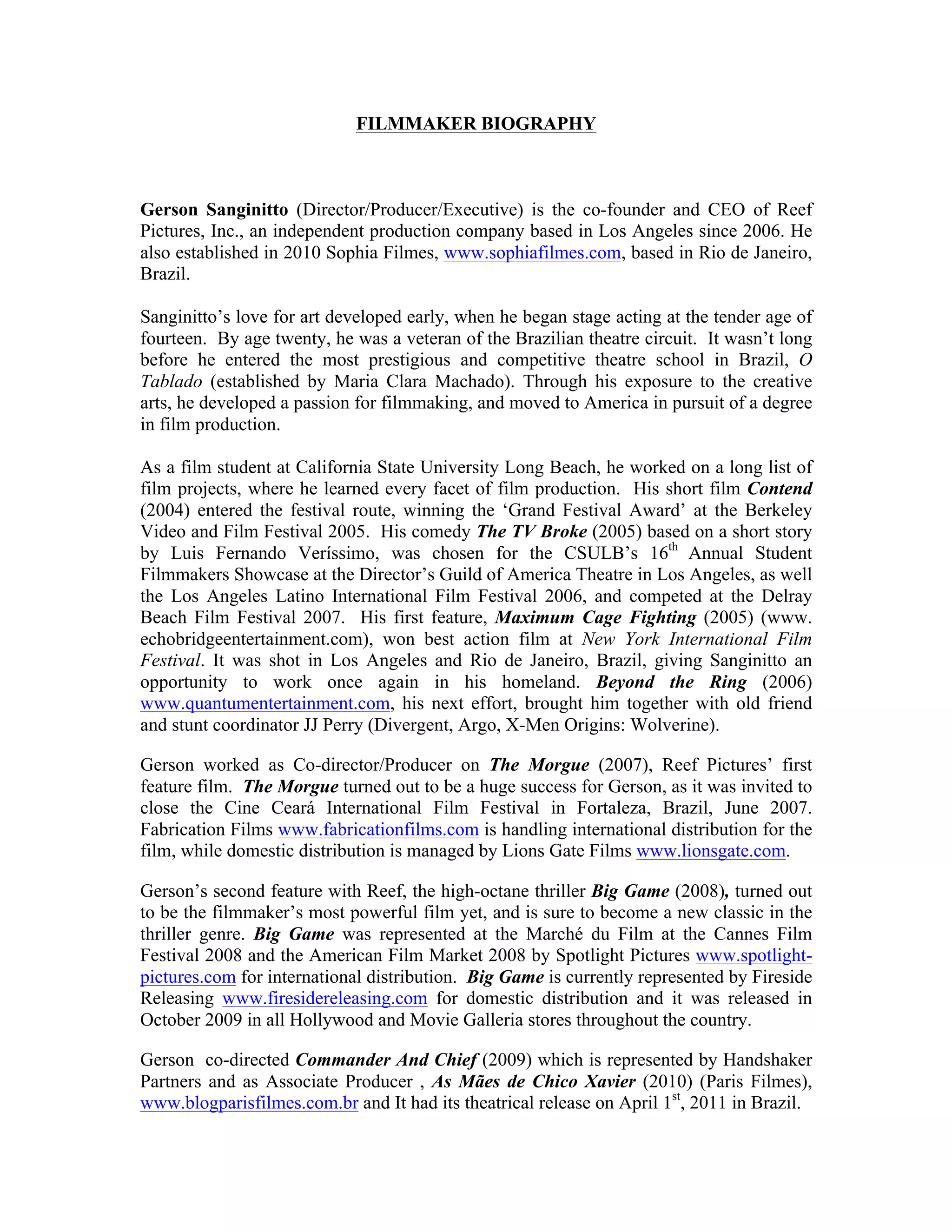 Filmmaker Biography Gerson 4-13-15 | PDF