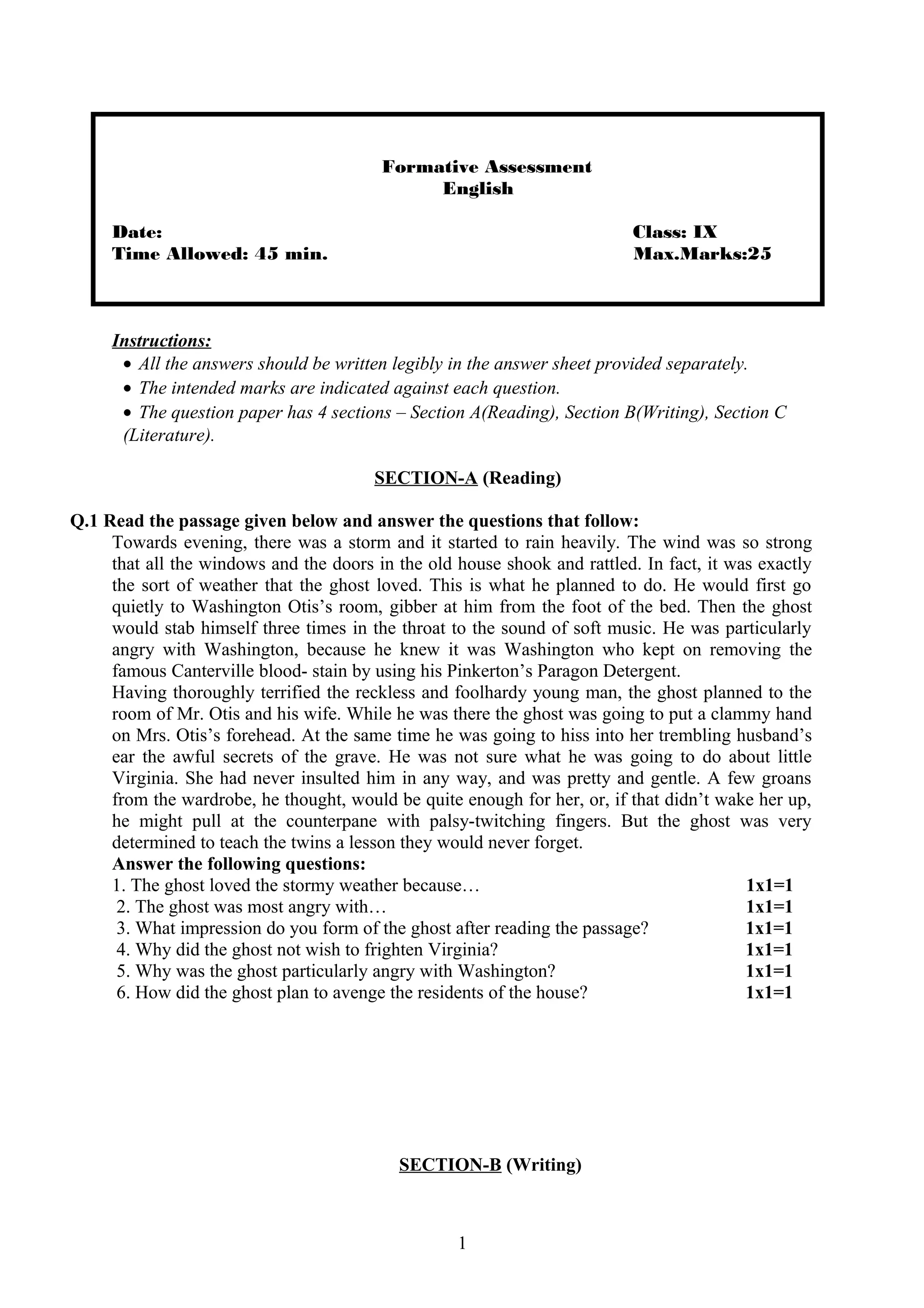 Formative Assessment Question Paper Grade 9 | DOC