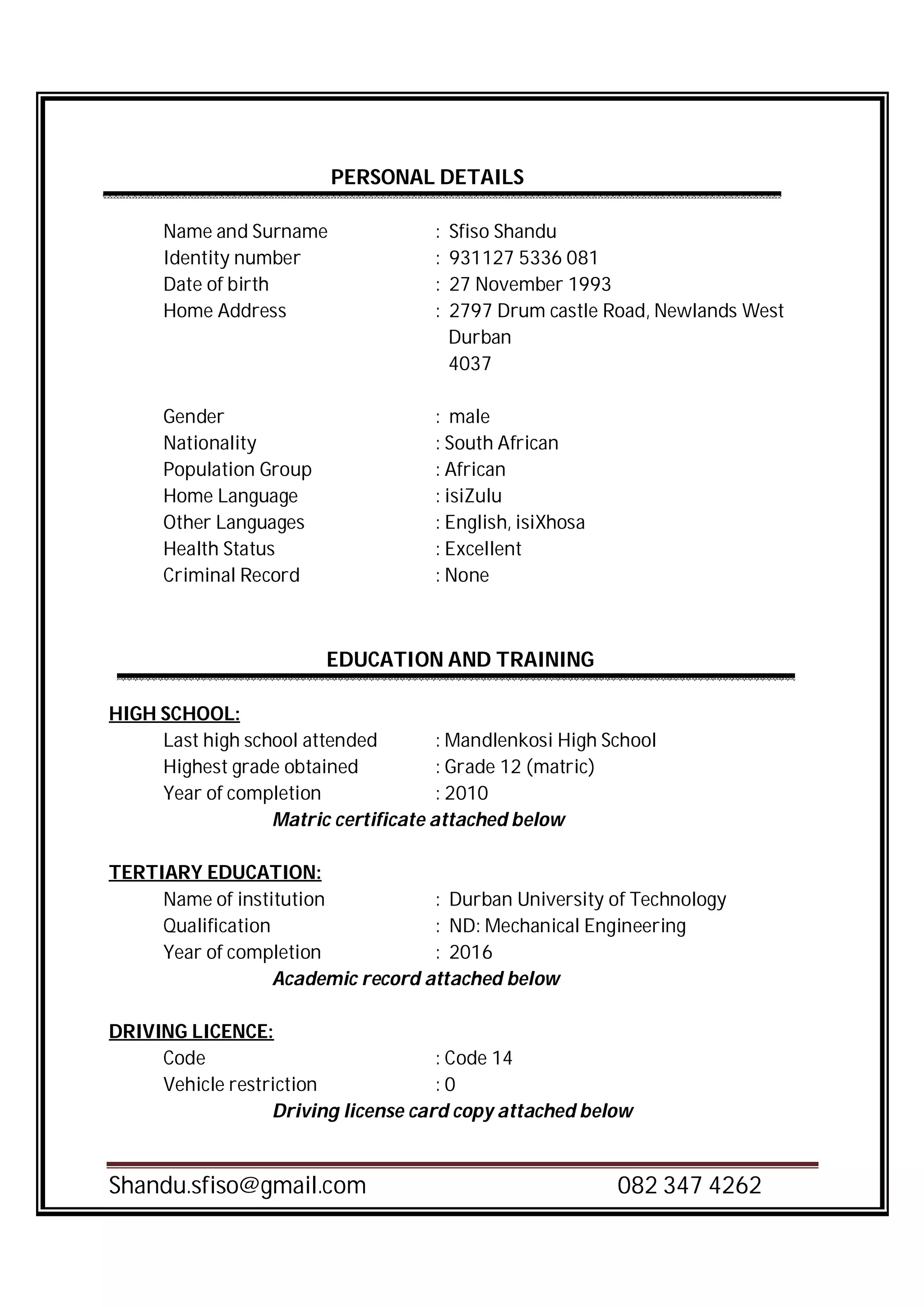 CV of SHANDU SFISO | PDF