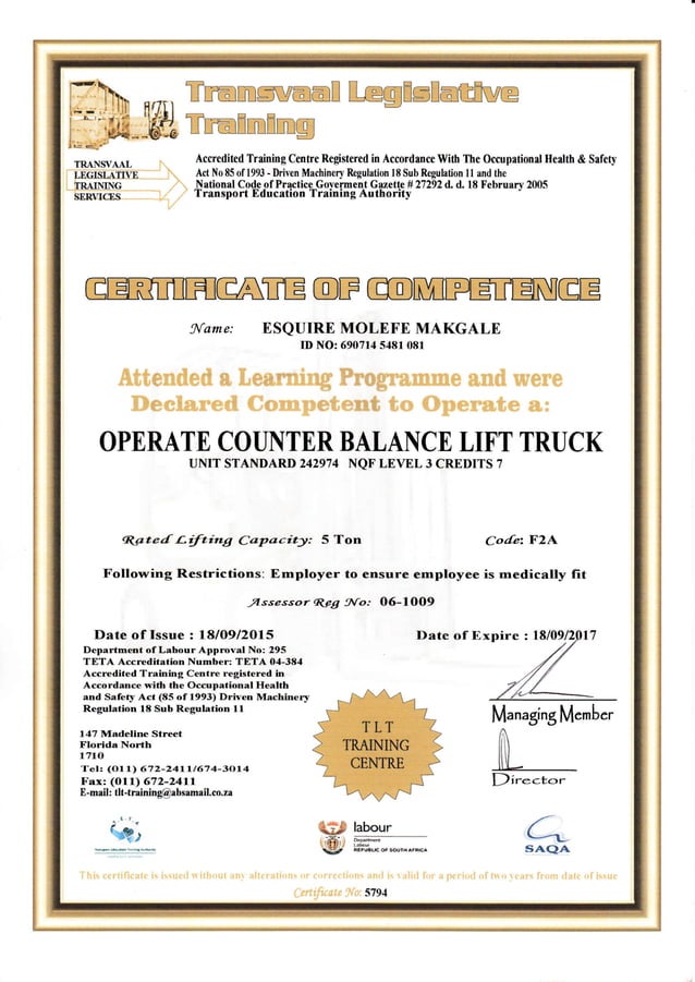 Fork-Lift Operator Certificate | PDF