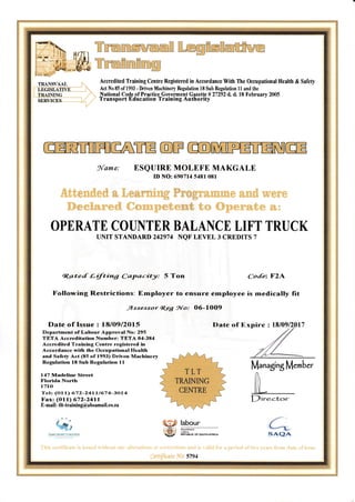 Fork-Lift Operator Certificate | PDF