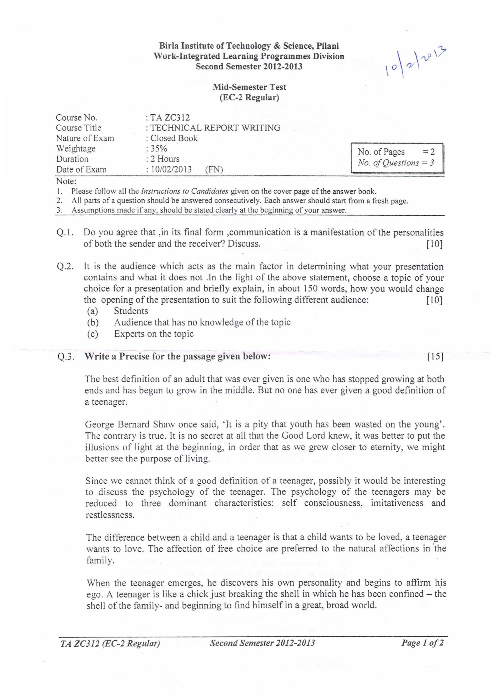 BITS QUESTIONS PAPERS | PDF