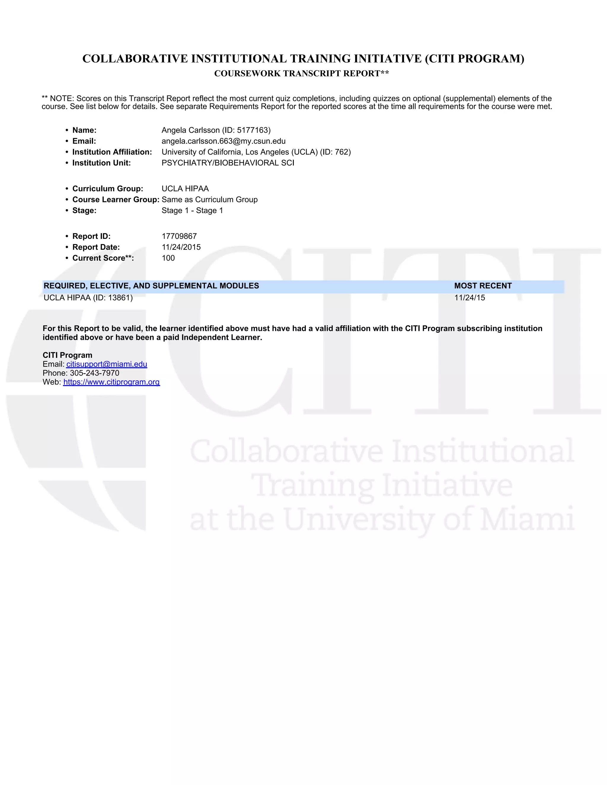 Angela Carlsson HIPAA completion citi | PDF | Education industry ...