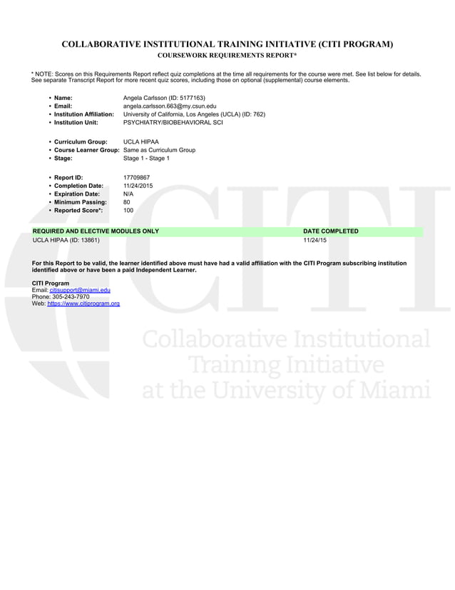 Angela Carlsson HIPAA completion citi | PDF | Education industry ...