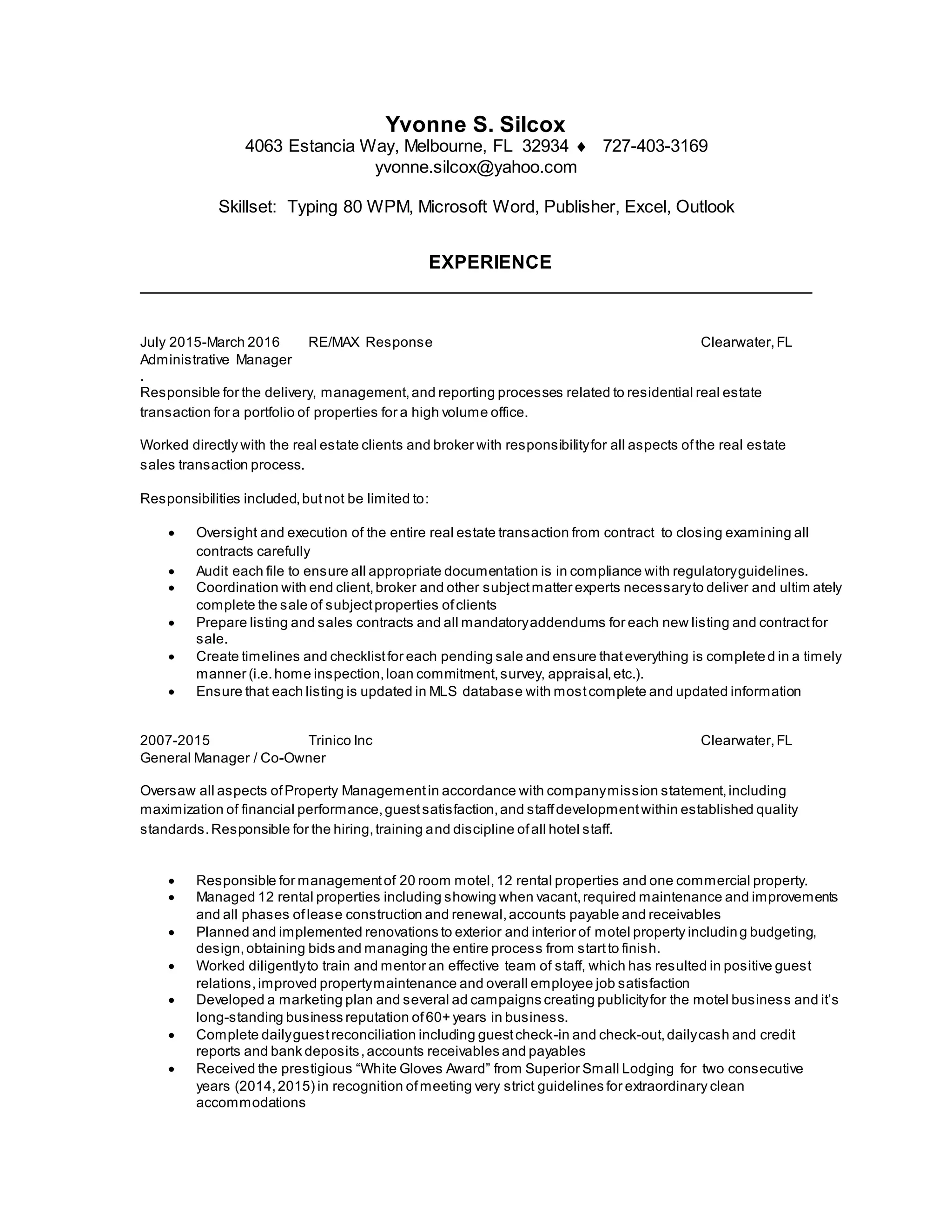 Yvonne Silcox Resume | DOCX