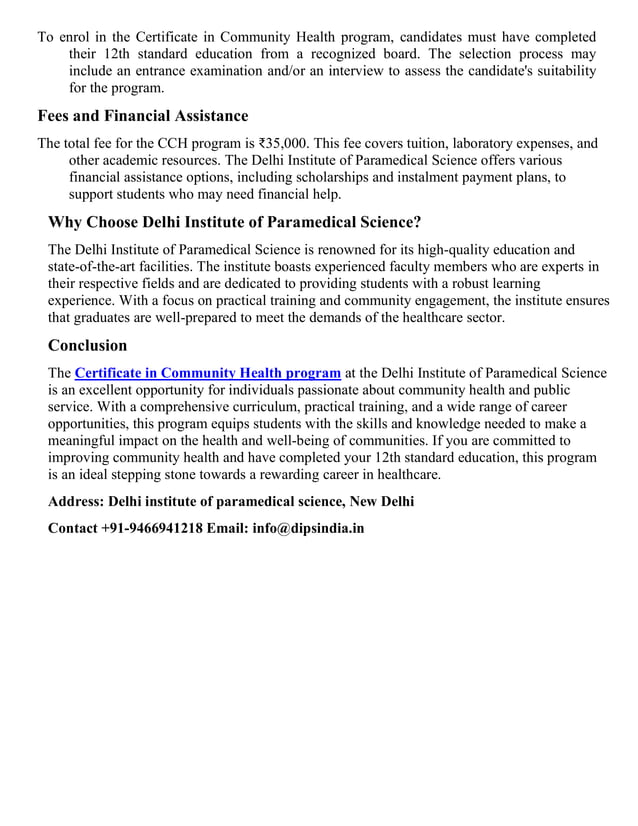 Certificate Community Health CCH - DIPS | PDF