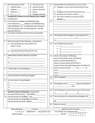C# chapter wise practice test | DOC
