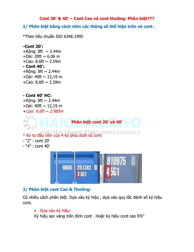 Cách đơn giản phân biệt cont 20' và cont 40' cont cao và cont thường | PDF