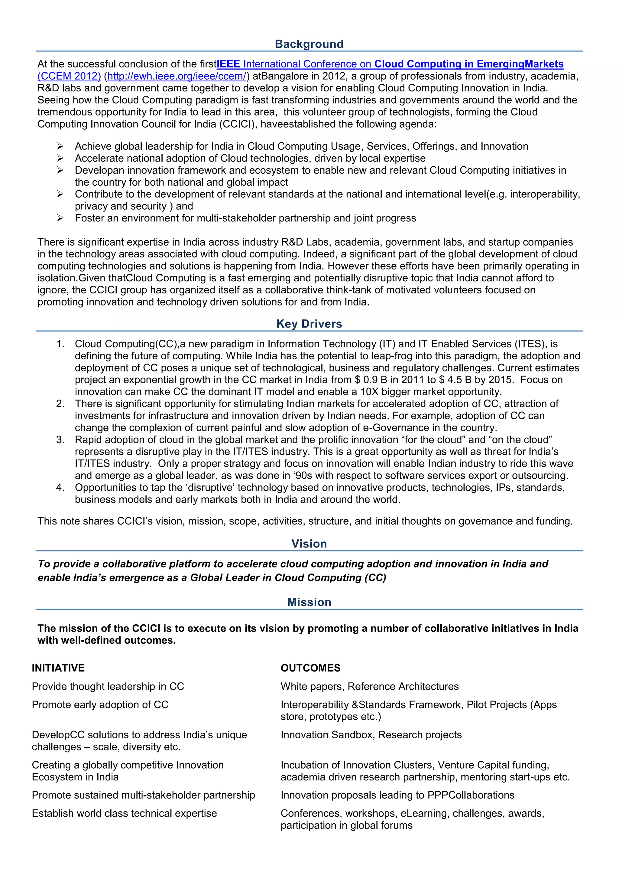 Cloud Computing Innovation Council for India - concept paper | DOCX