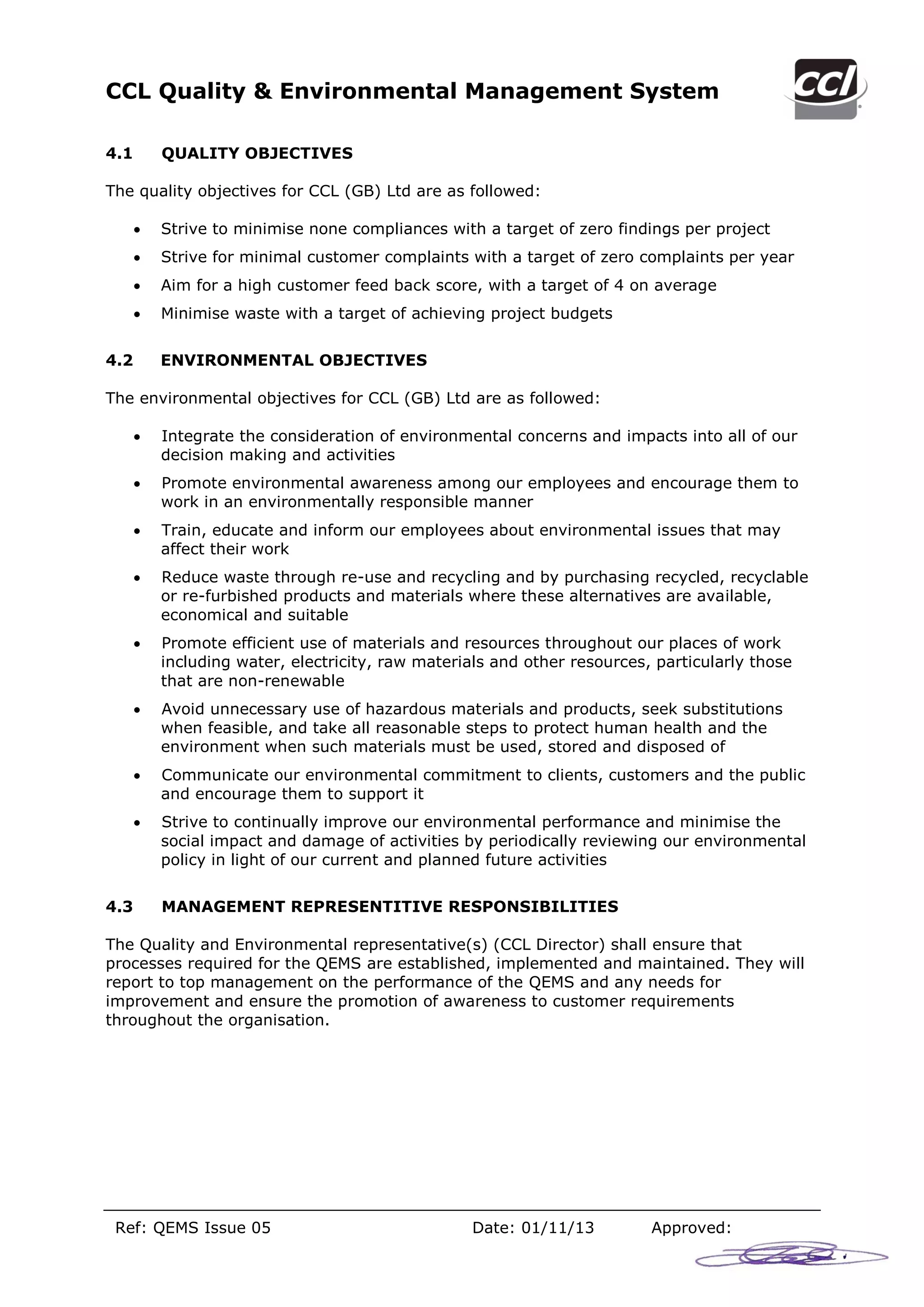 Ccl quality environmental management system issue 05 dated 011113 for web | PDF
