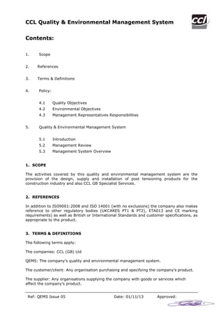 Ccl quality environmental management system issue 05 dated 011113 for ...