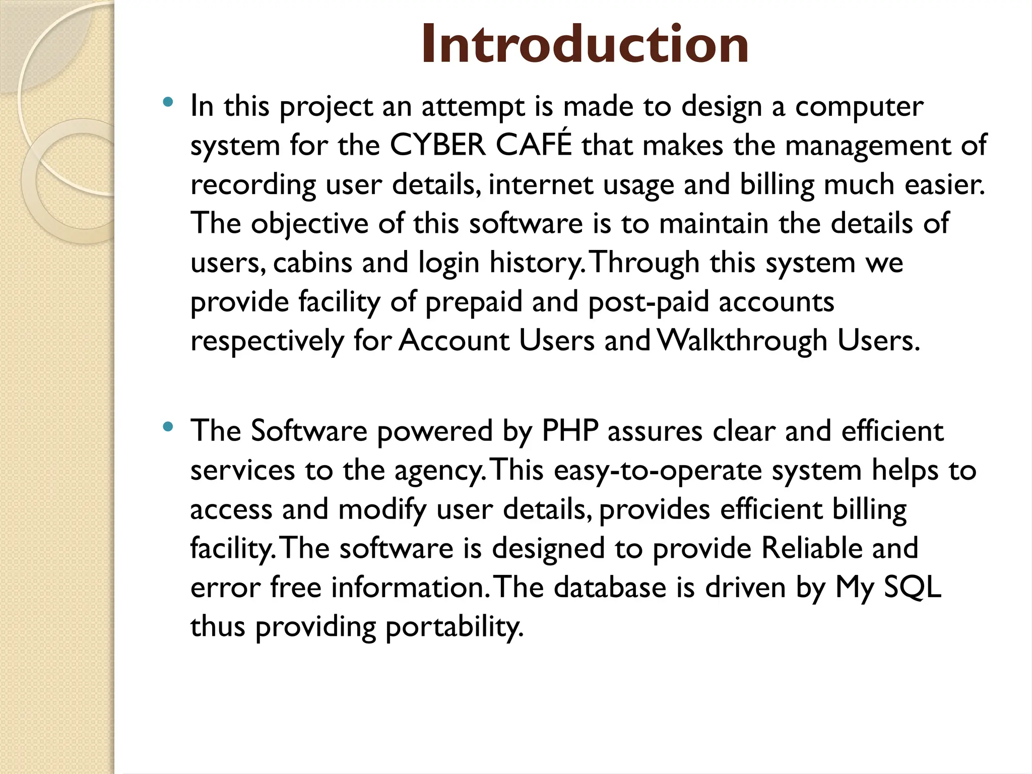 Cyber cafe management system PPT Manipal | PPTX