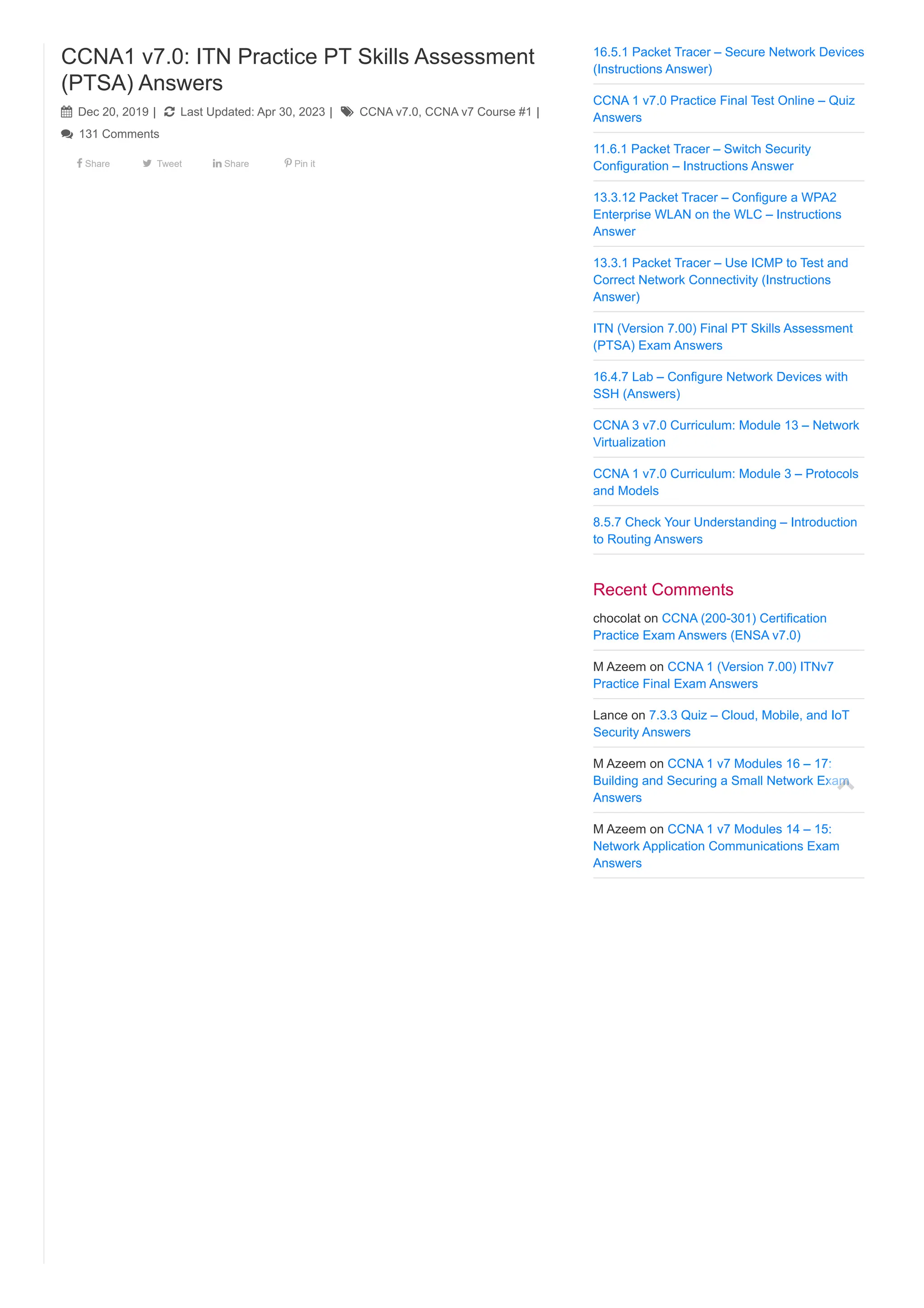 Ccna1 V70 Itn Practice Pt Skills Assessment Ptsa12 Answerspdf Computer Networking Computing