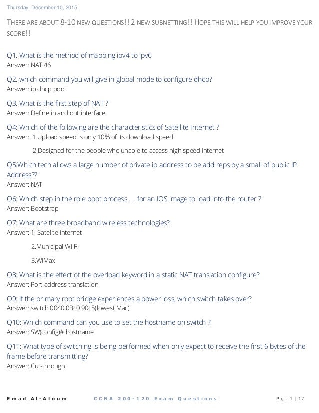 CCNA Dec, 2015 Questions