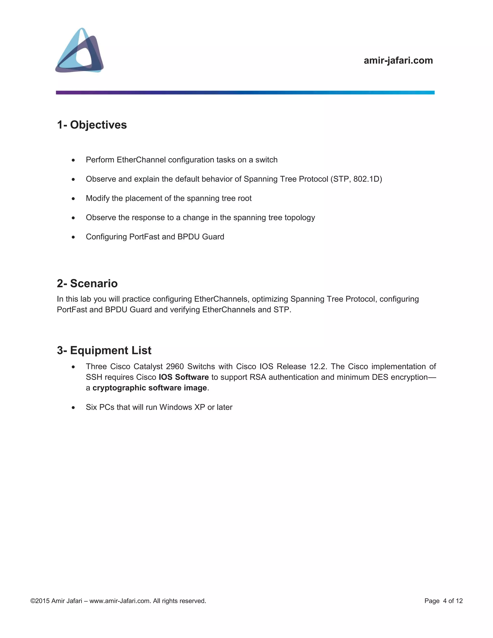 CCNA Lab 4-Configuring EtherChannels and optimizing Spanning Tree Protocol on Switch | PDF