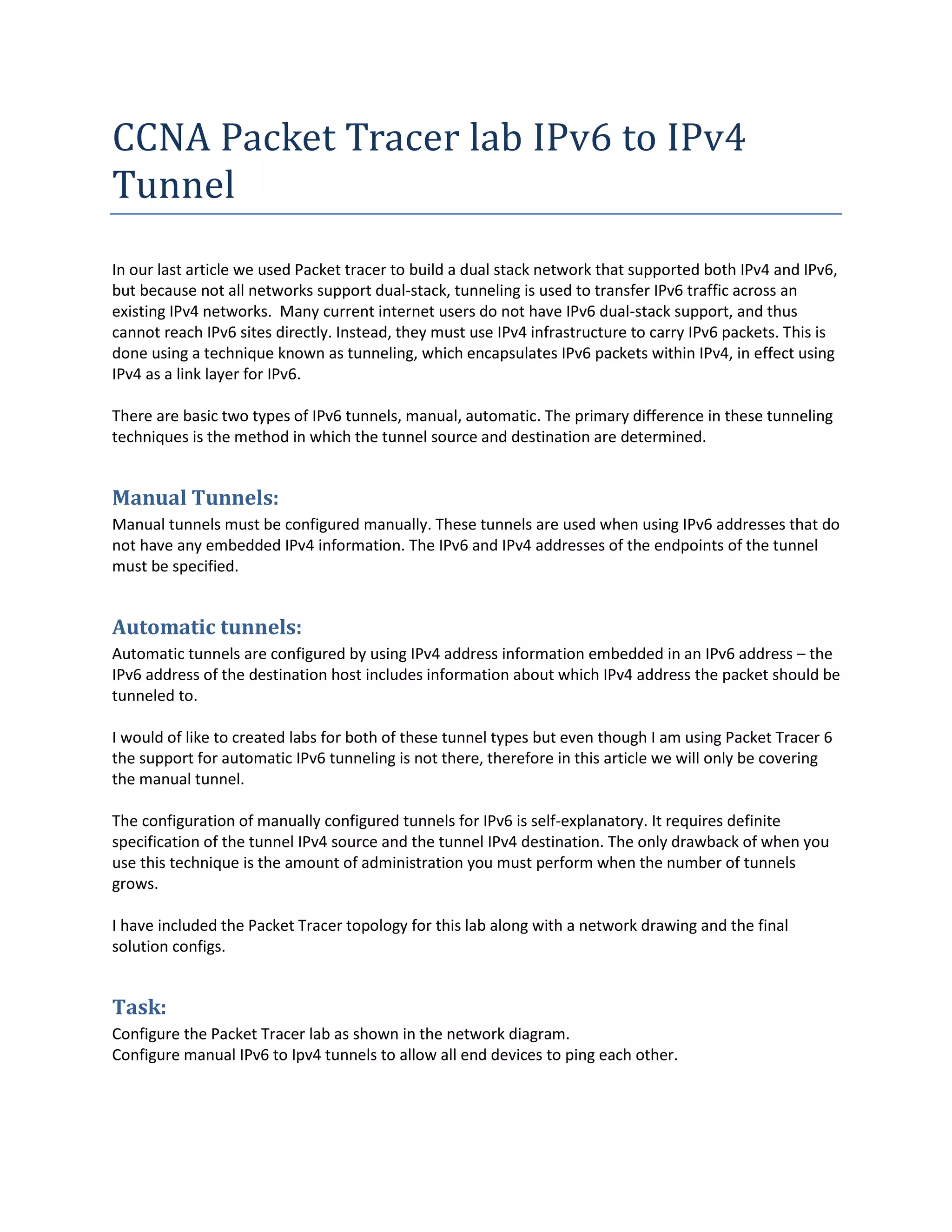 Ccna packet tracer lab i pv6 to ipv4 tunnel | DOCX