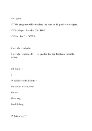 C code This program will calculate the sum of 10 positive .docx