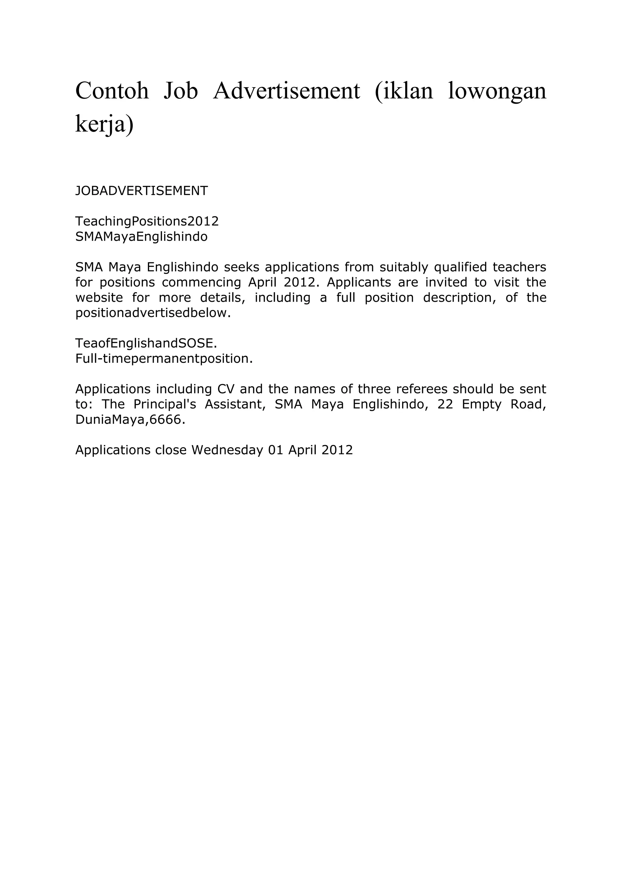 C contoh job advertisement | DOCX | Resume Writing and Advice | Job Search