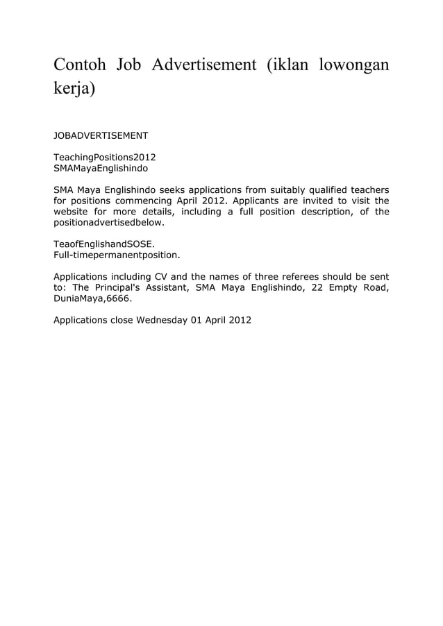 C contoh job advertisement | DOCX | Resume Writing and Advice | Job Search