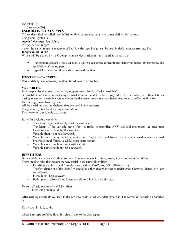 c and data structures first unit notes (jntuh syllabus) | PDF