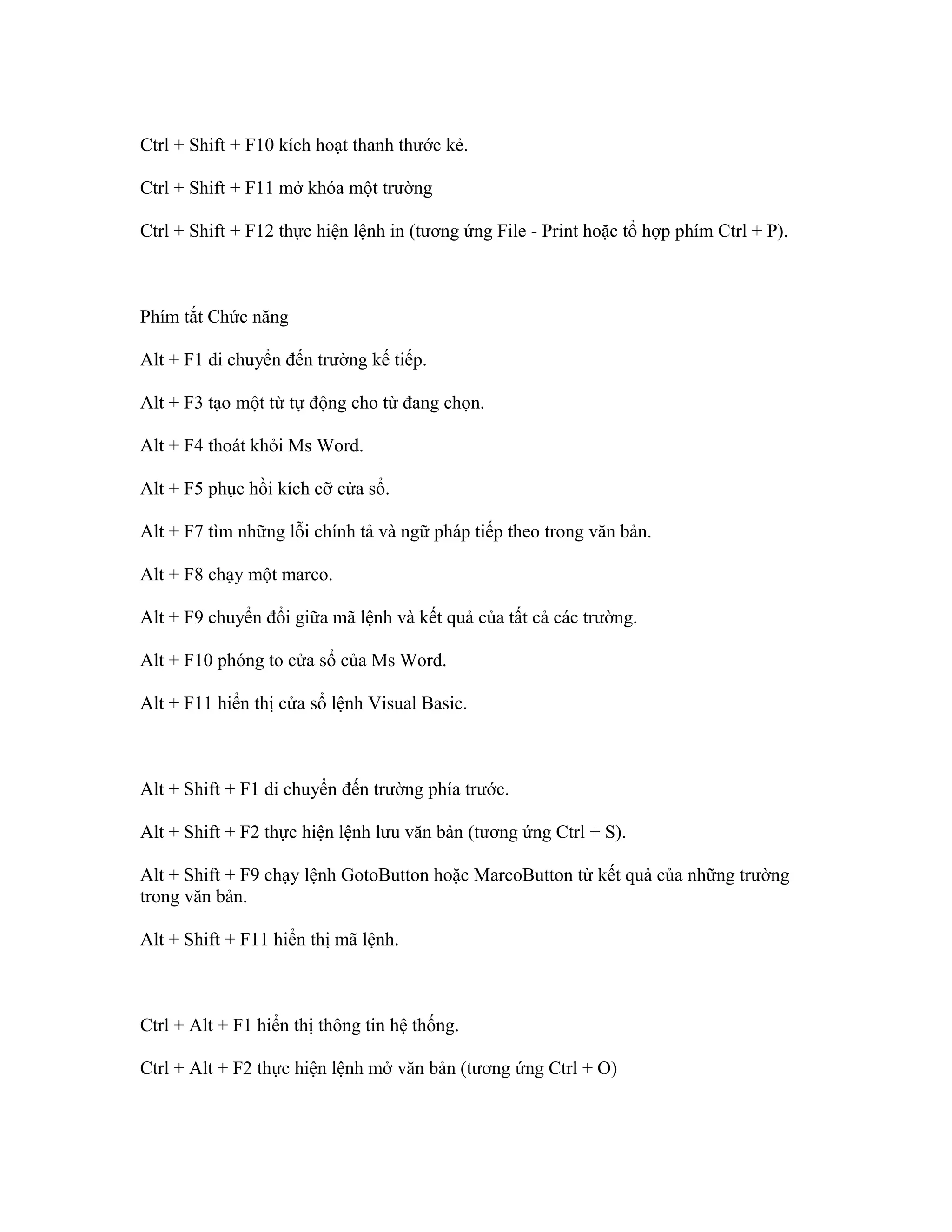 Các phím tắt trong Microsoft word | DOC
