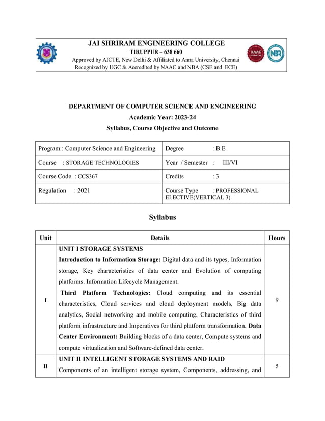 CCS367- STORAGE TECHNOLOGIES SYLLABUS.docx | Data Storage and Warehousing | Computing