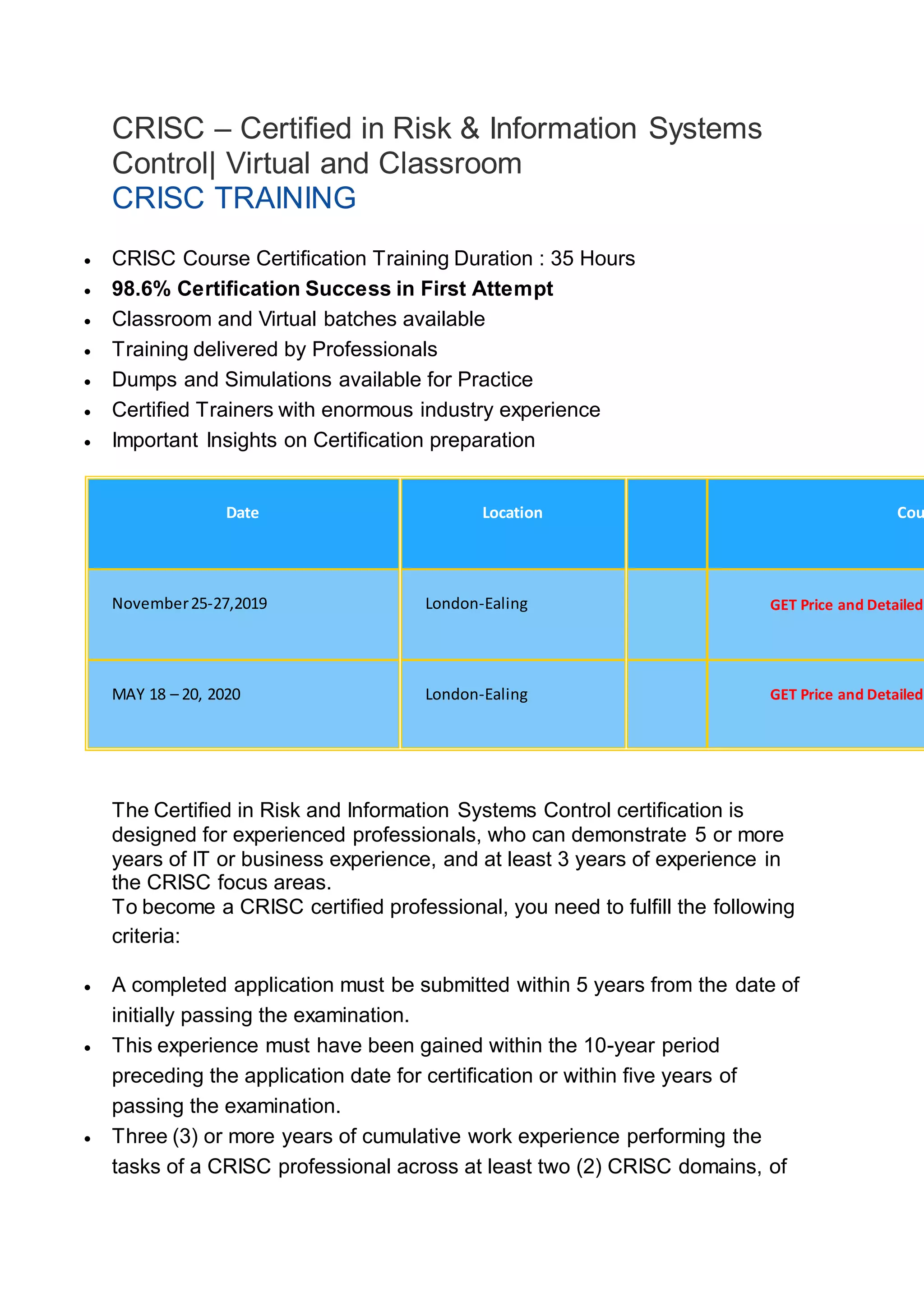 CRISC – Certified in Risk & Information Systems Control| Virtual and ...