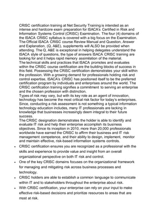 CRISC – Certified in Risk & Information Systems Control| Virtual and ...