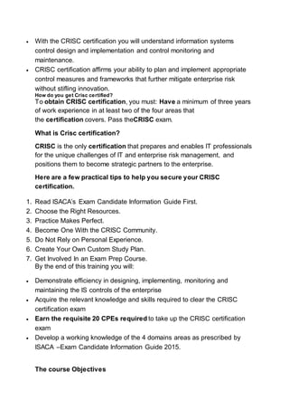 CRISC – Certified in Risk & Information Systems Control| Virtual and ...