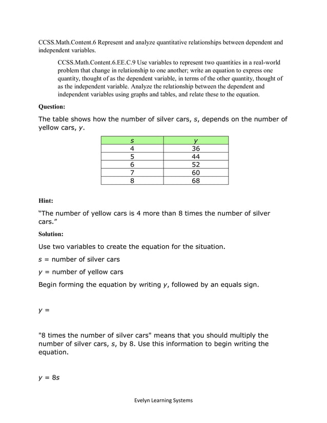Ccss.math.content.6.ee.c.9 sample question | PDF