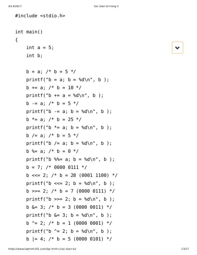 Các toán tử trong c