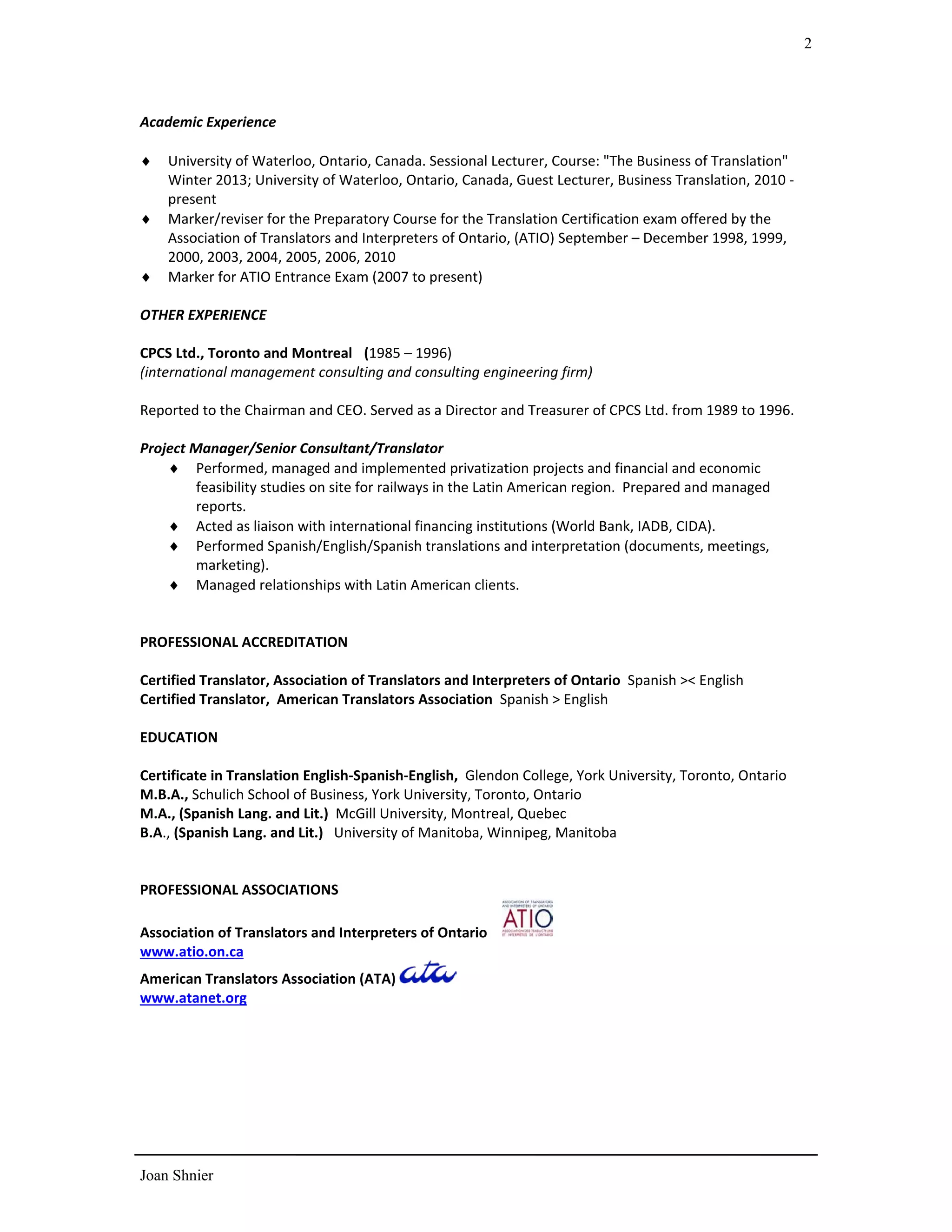 CV J.Shnier | PDF | Business Administration | Business
