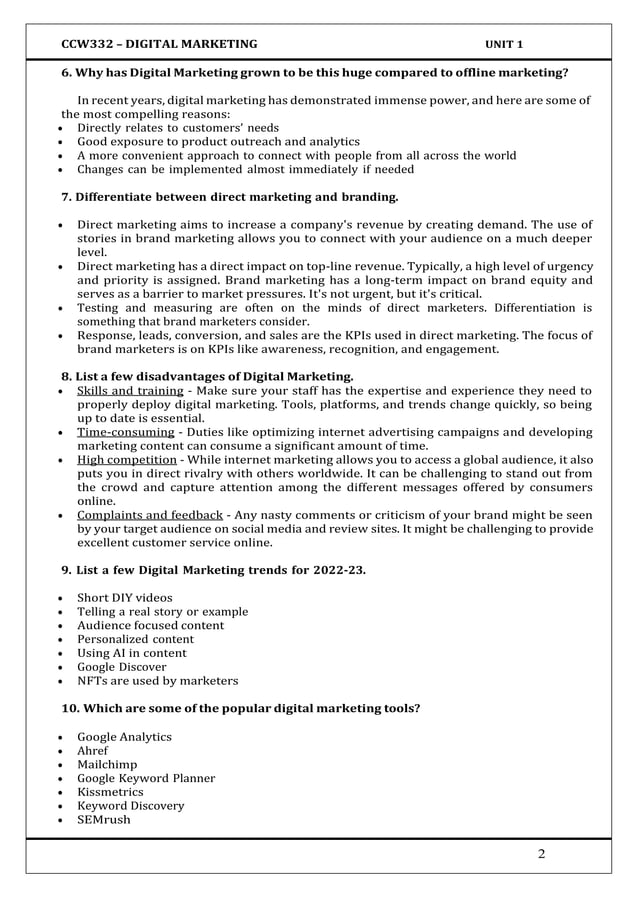 CCW332-DIGITAL MARKETING QUESTION BANK WITH ANSWERS | DOCX