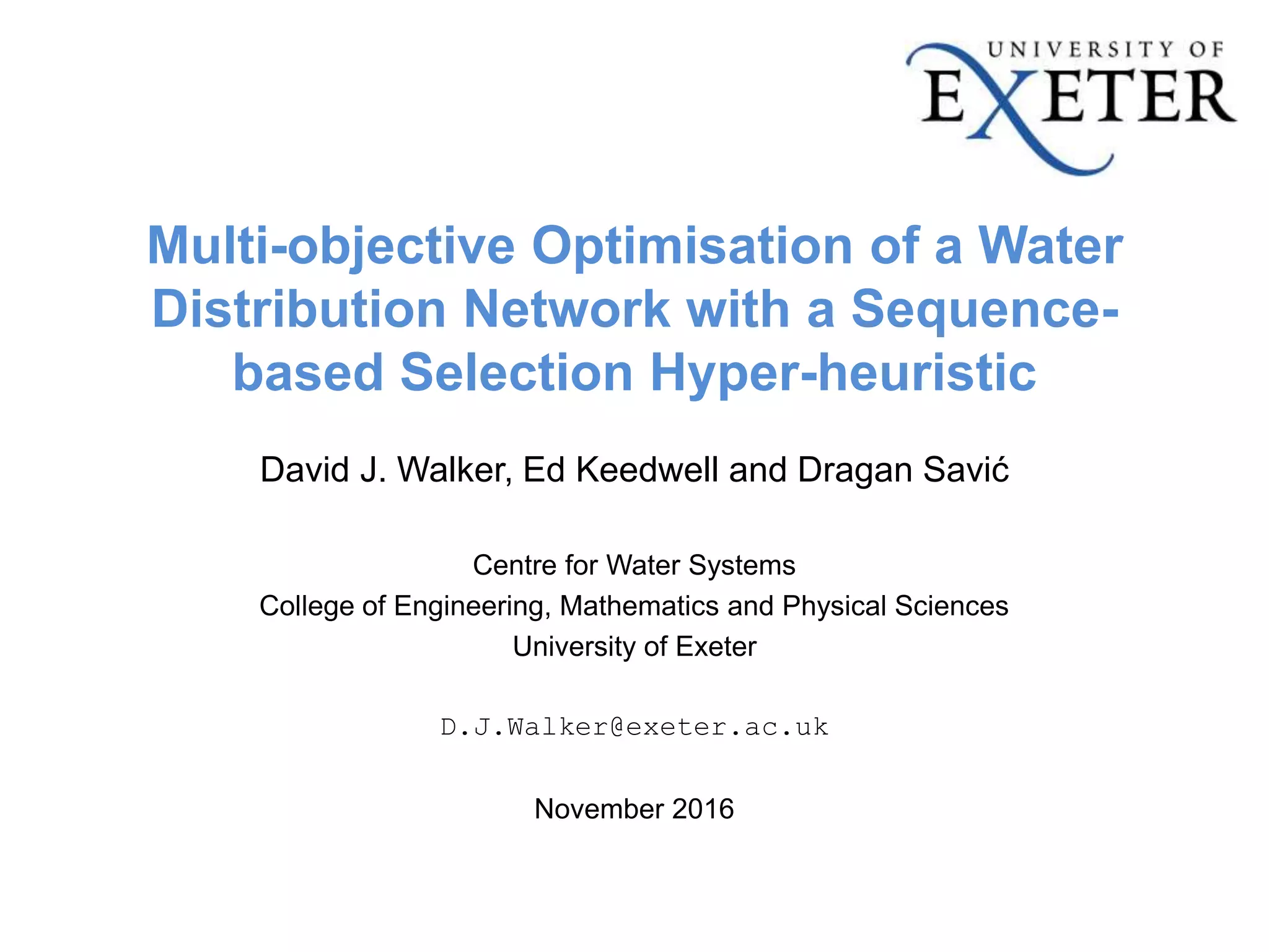 Multi Objective Optimisation Of A Water Distribution Network With A Sequence Based Selection