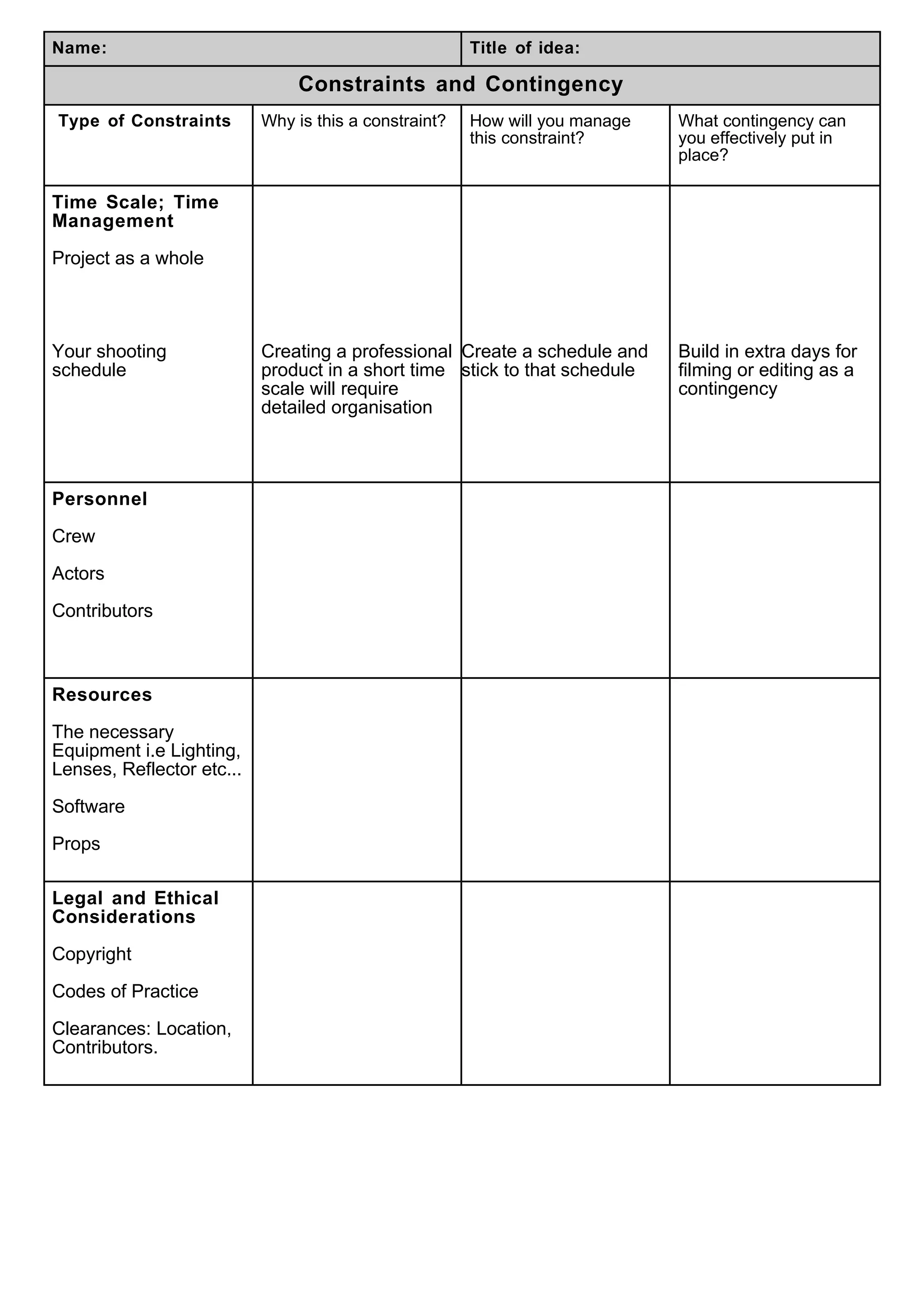 Constraints & Contingency Worksheet | PDF