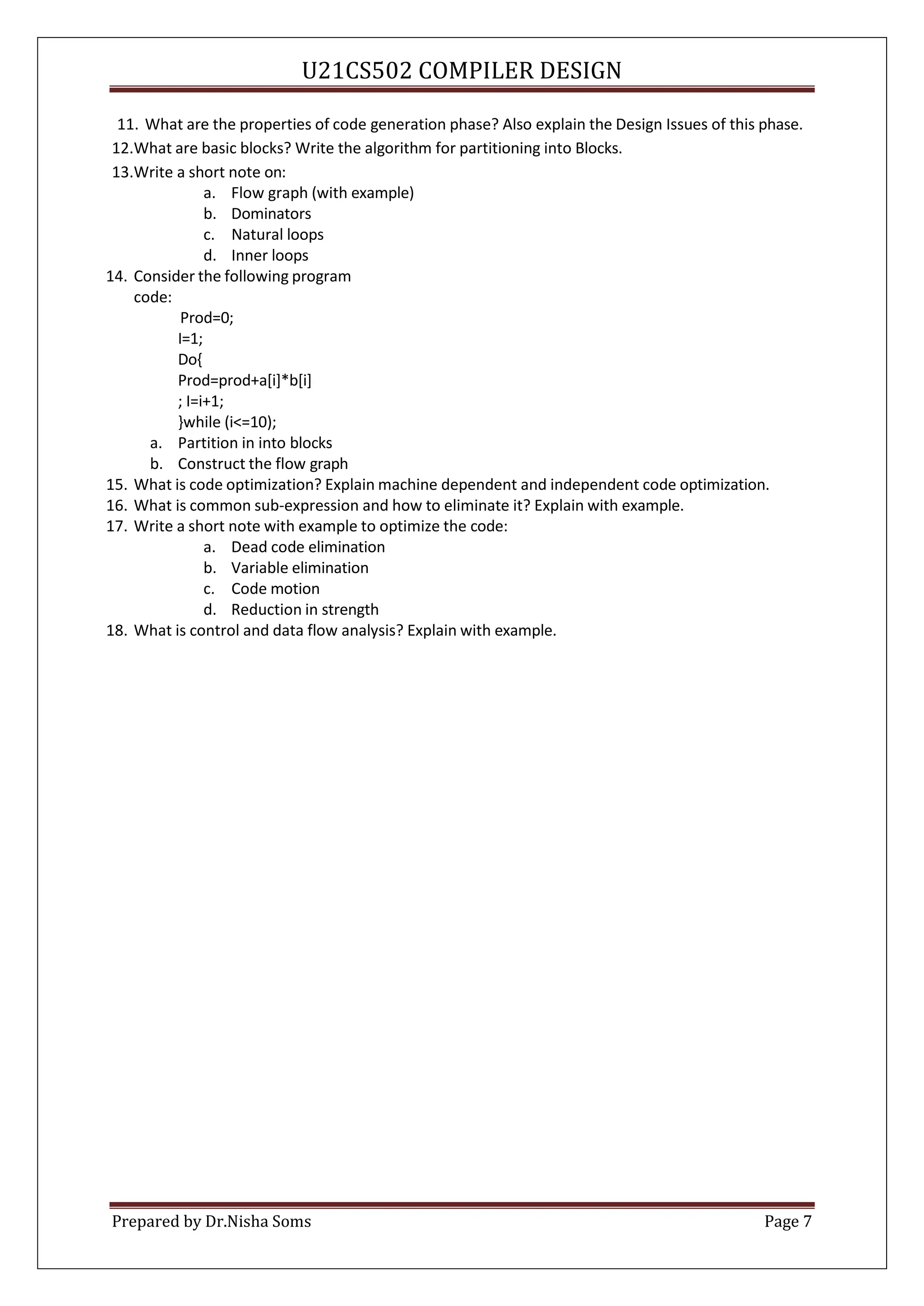 U21CS502--Compiler Design--Question Bank | PDF