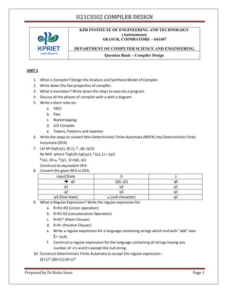 U21CS502--Compiler Design--Question Bank | PDF
