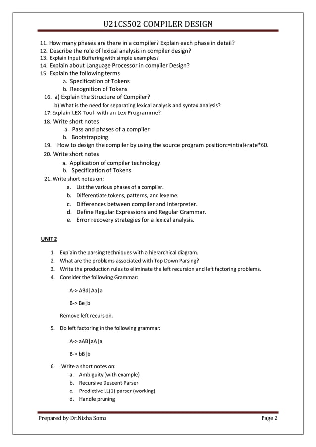 U21CS502--Compiler Design--Question Bank | PDF