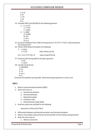 U21CS502--Compiler Design--Question Bank | PDF