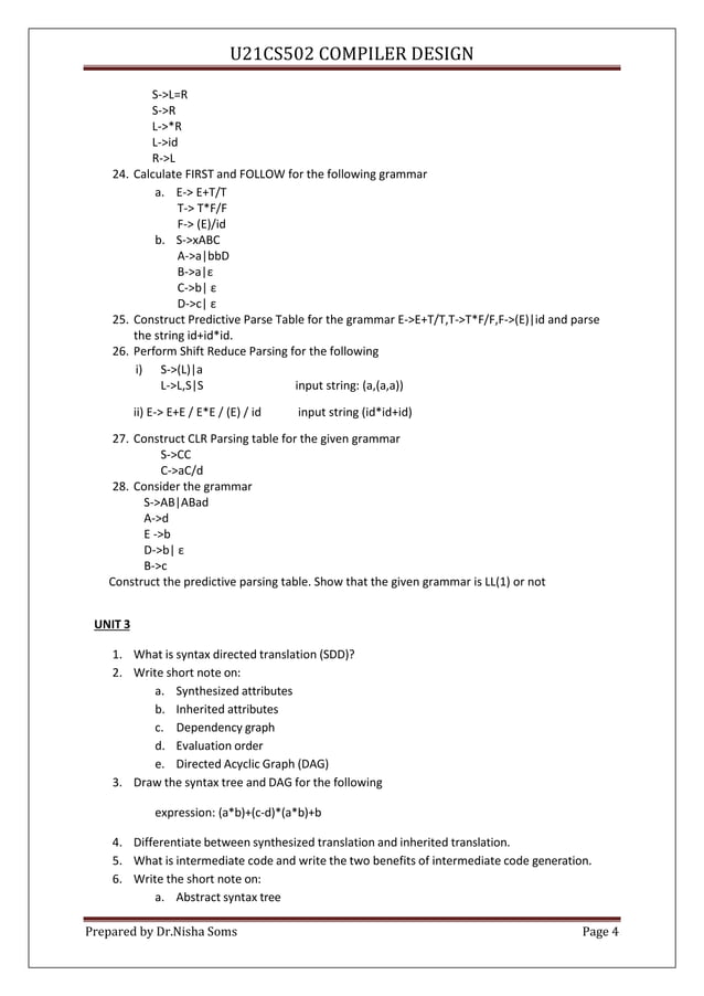 U21CS502--Compiler Design--Question Bank | PDF