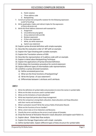 U21CS502--Compiler Design--Question Bank | PDF