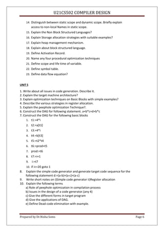 U21CS502--Compiler Design--Question Bank | PDF