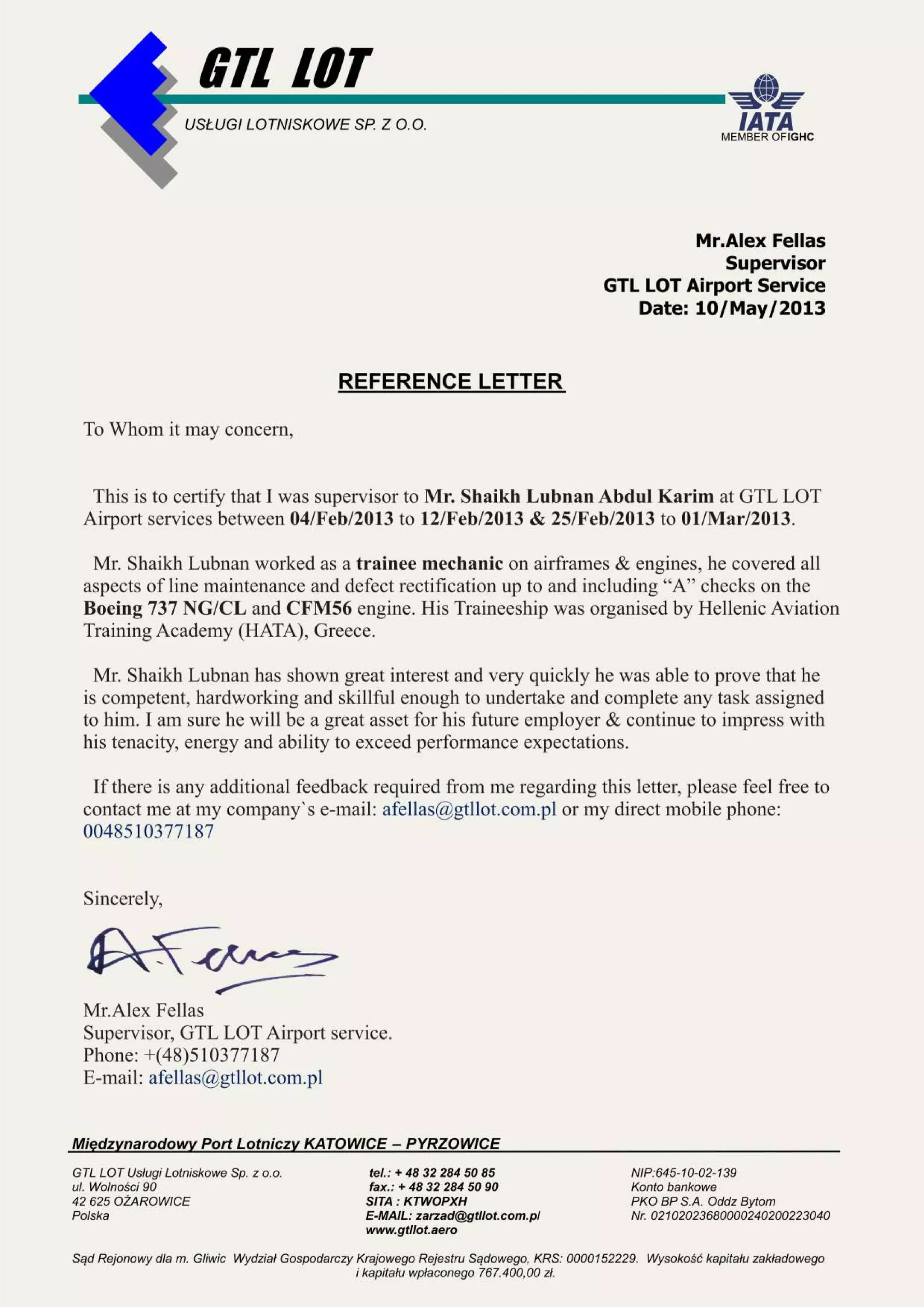 GTL LOT Supervisor letter of refrence | PDF