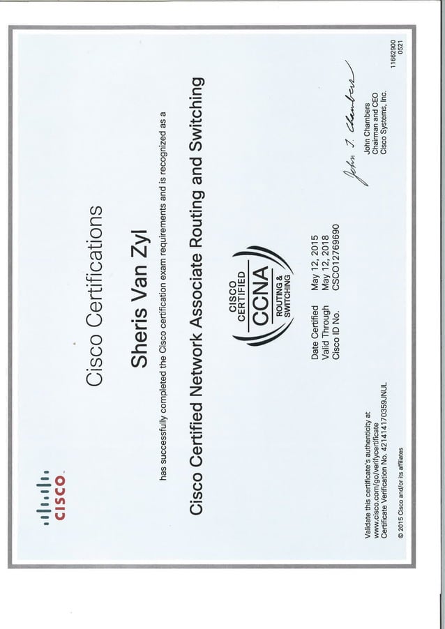 Sheris Van Zyl CCNA Certificate | PDF