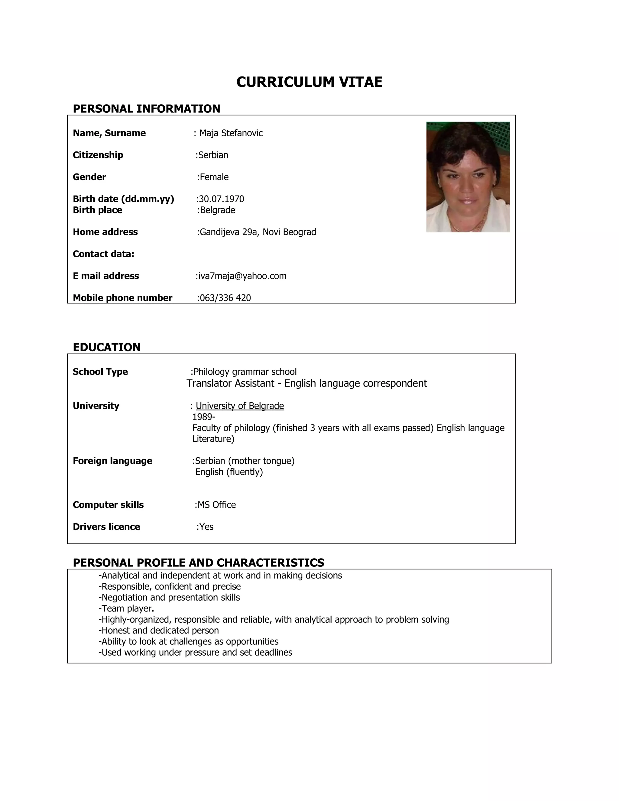 CURRICULUM VITAE-Maja Stefanovic | PDF