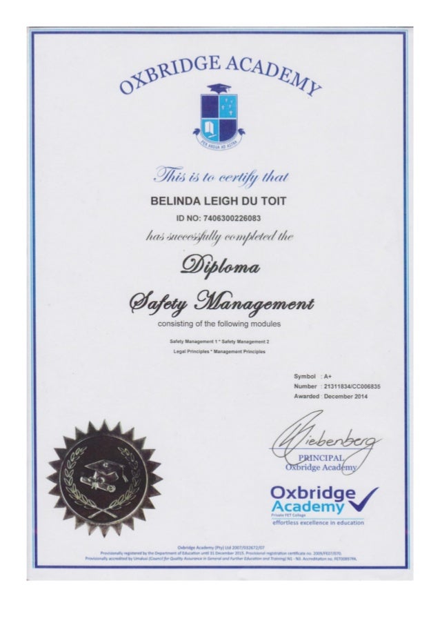 BL Du Toit Oxbridge Diploma Safety Management