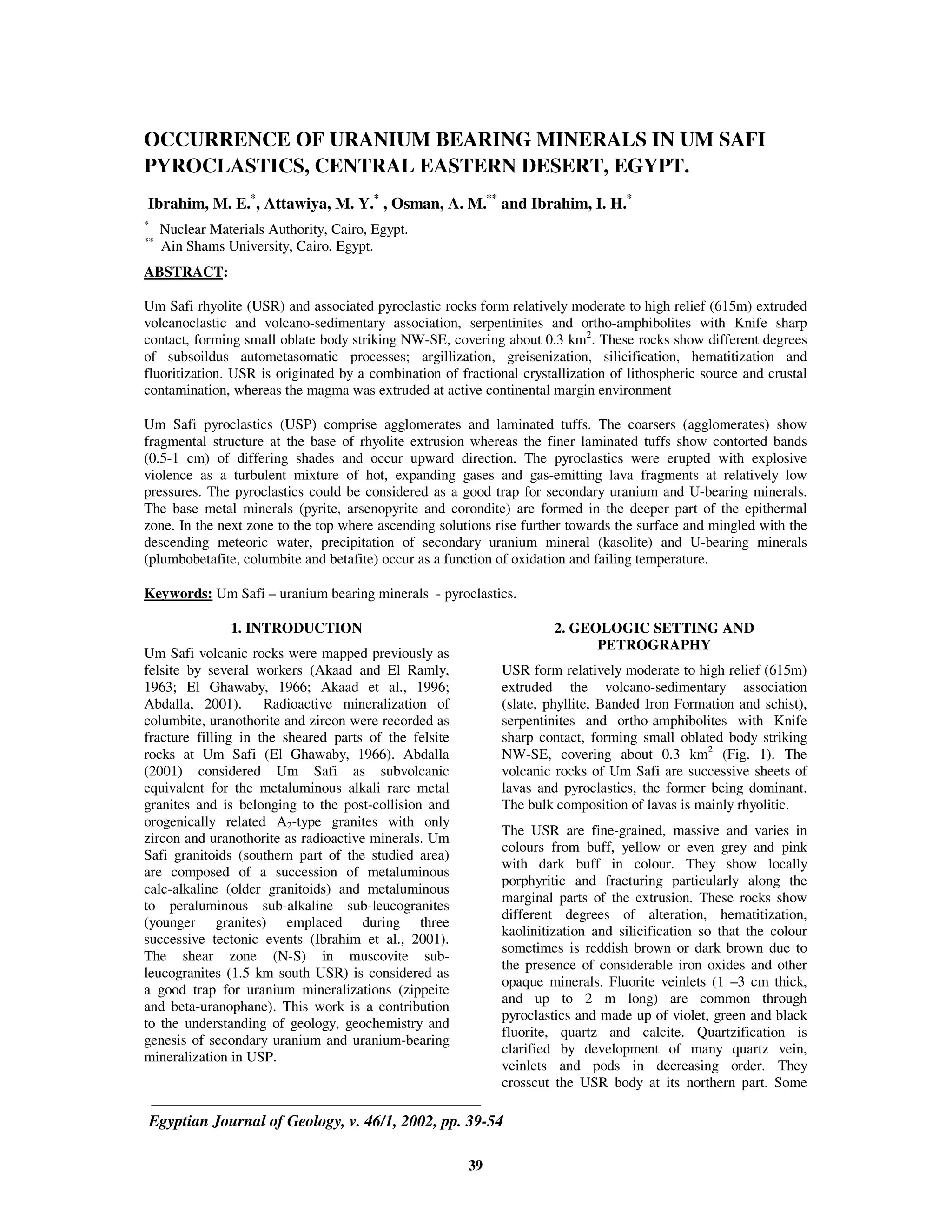 OCCURRENCE OF URANIUM BEARING MINERALS IN UM SAFI PYROCLASTICS, CENTRAL ...