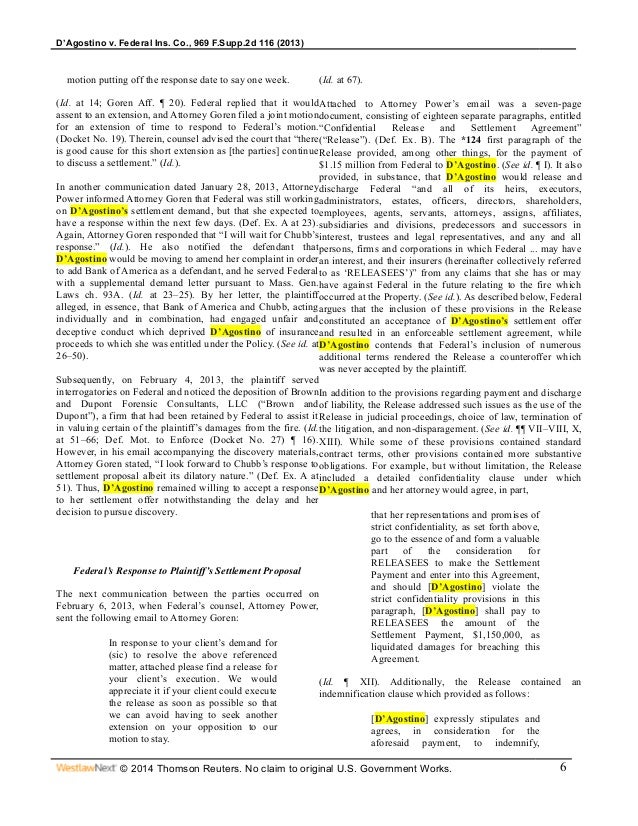 D'Agostino v Federal Ins Co , 969 F. Supp. 2d 116 (D. Mass. 2013)